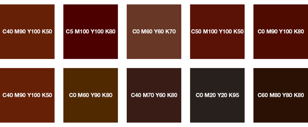 CMYK-farver: Dybsort, turkis, vinrød m.fl.